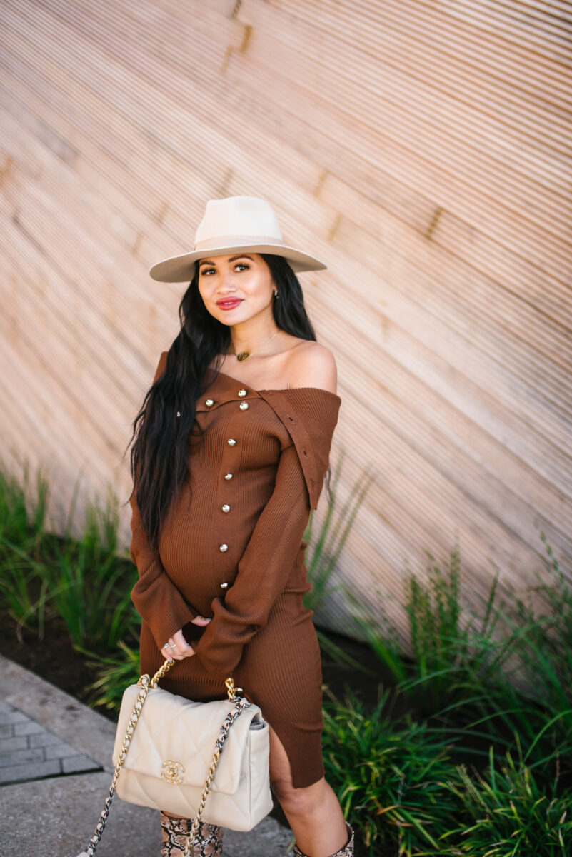 $25 Off Shoulder Brown Button Dress - Dawn P. Darnell